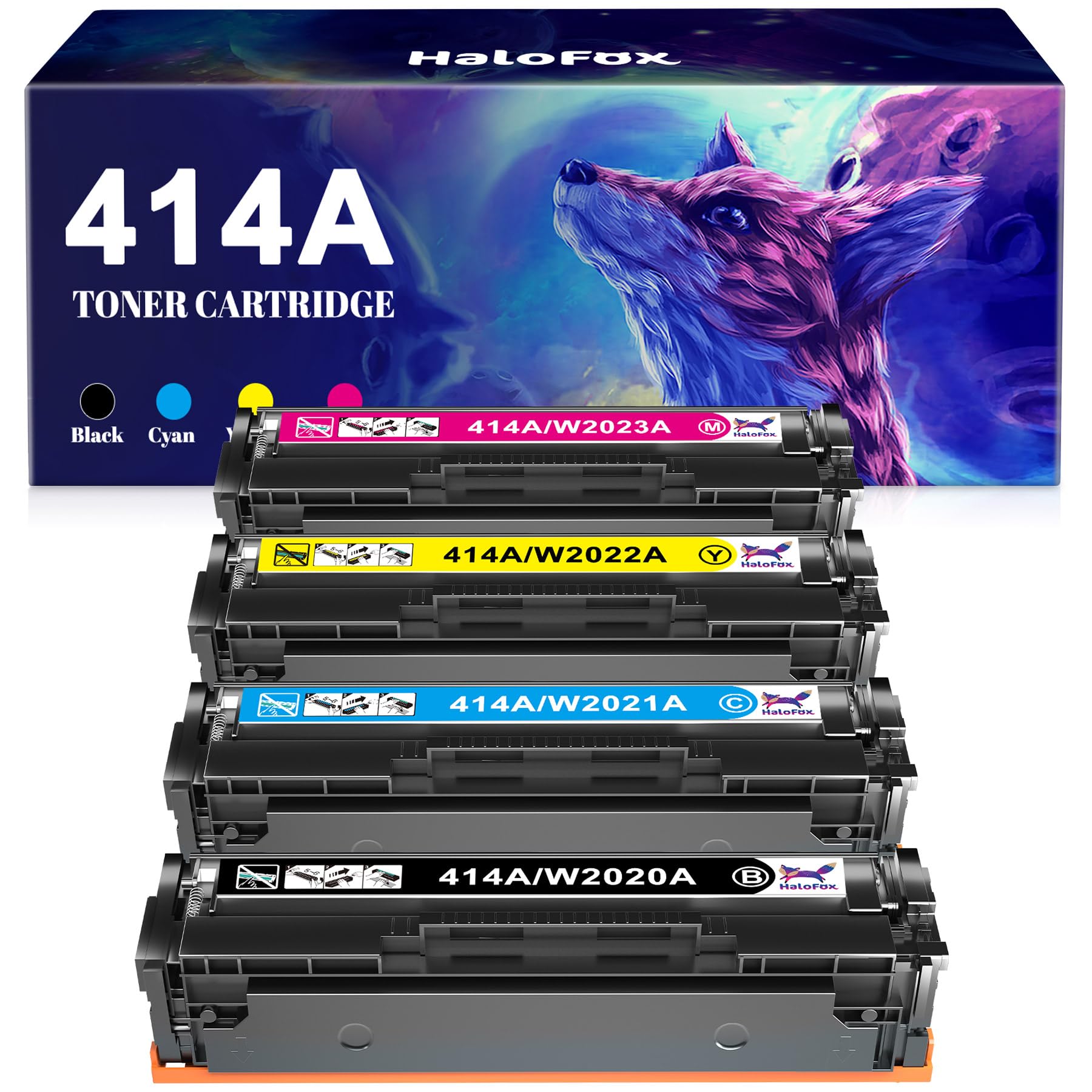 HaloFox Compatible 414A Toner Cartridge 4 Pack Replacement for HP 414A W2020A 414X W2020X W2021A W2022A W2023A for Color Laserjet MFP M454dw M454dn M479fdw M479fdn Printer (Black Cyan Yellow Magenta)