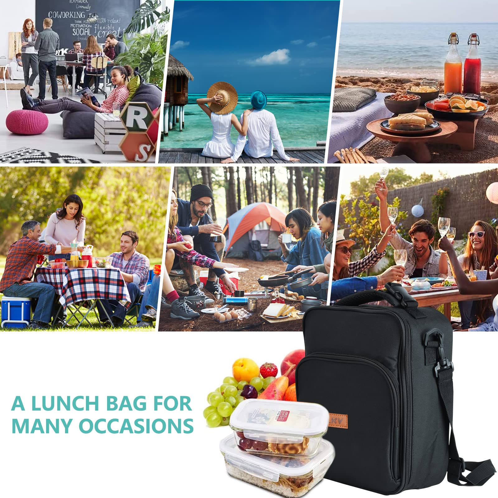 Lunch Bag for Men Women, Reusable Lunch Box for Office Work Lunch, Leakproof Cooler Tote Bag, Freezable Lunch Bag,Black