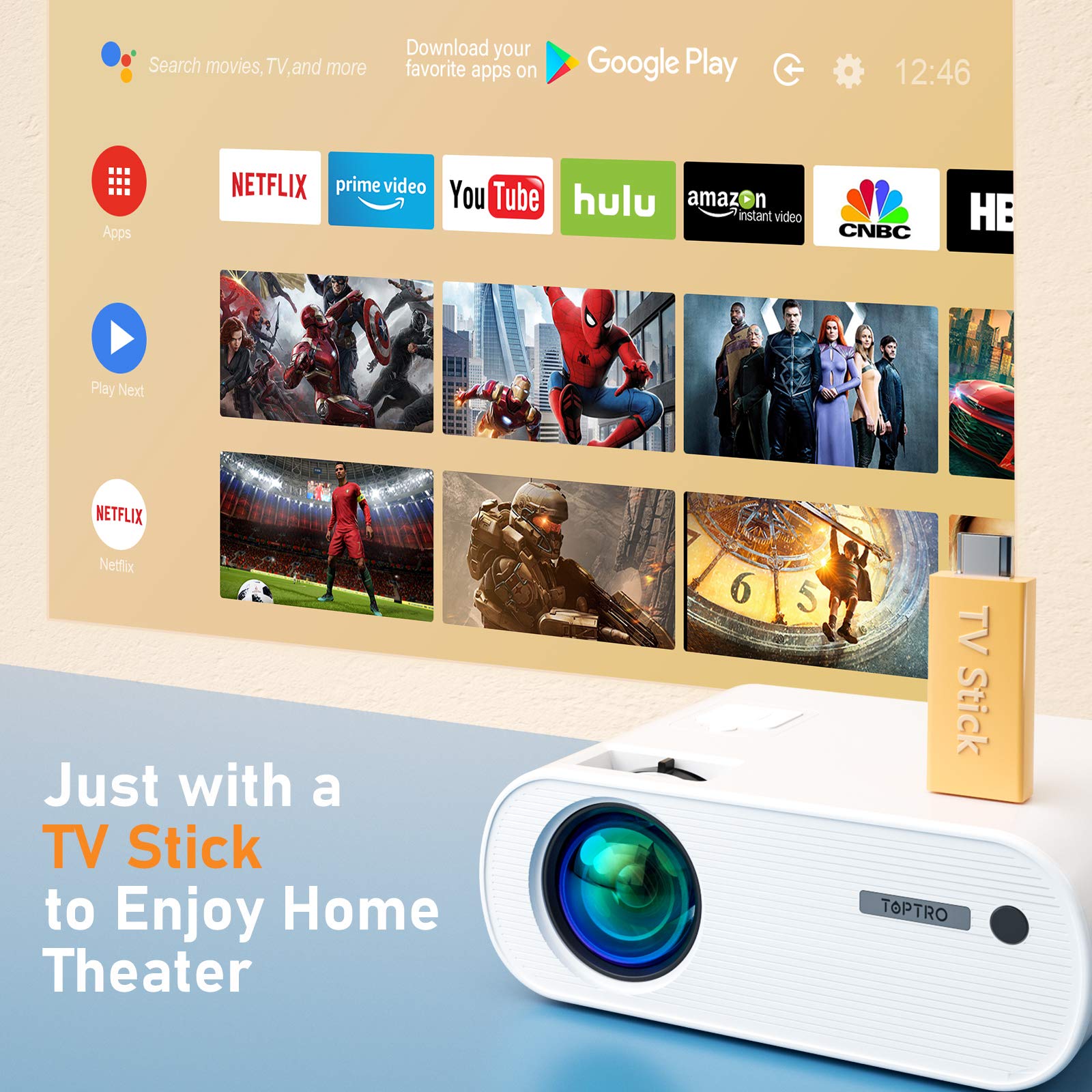 Projector, TOPTRO Projector with WiFi and Bluetooth, Full HD 7500 Lumen Support 1080P, Mini Projector with Carrying Case, Compatible with TV Stick, HDMI, SD, AV, VGA, USB, PS4, X-Box, iOS / Android