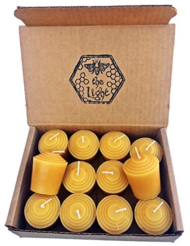 BeeTheLight Votive Candles (Pack of 12) - Unscented - 15 Hours Burn Time Each - Naturally Light Honey Scented - 100% Pure Beeswax Candles - Handmade Decorative Votive Candle Set