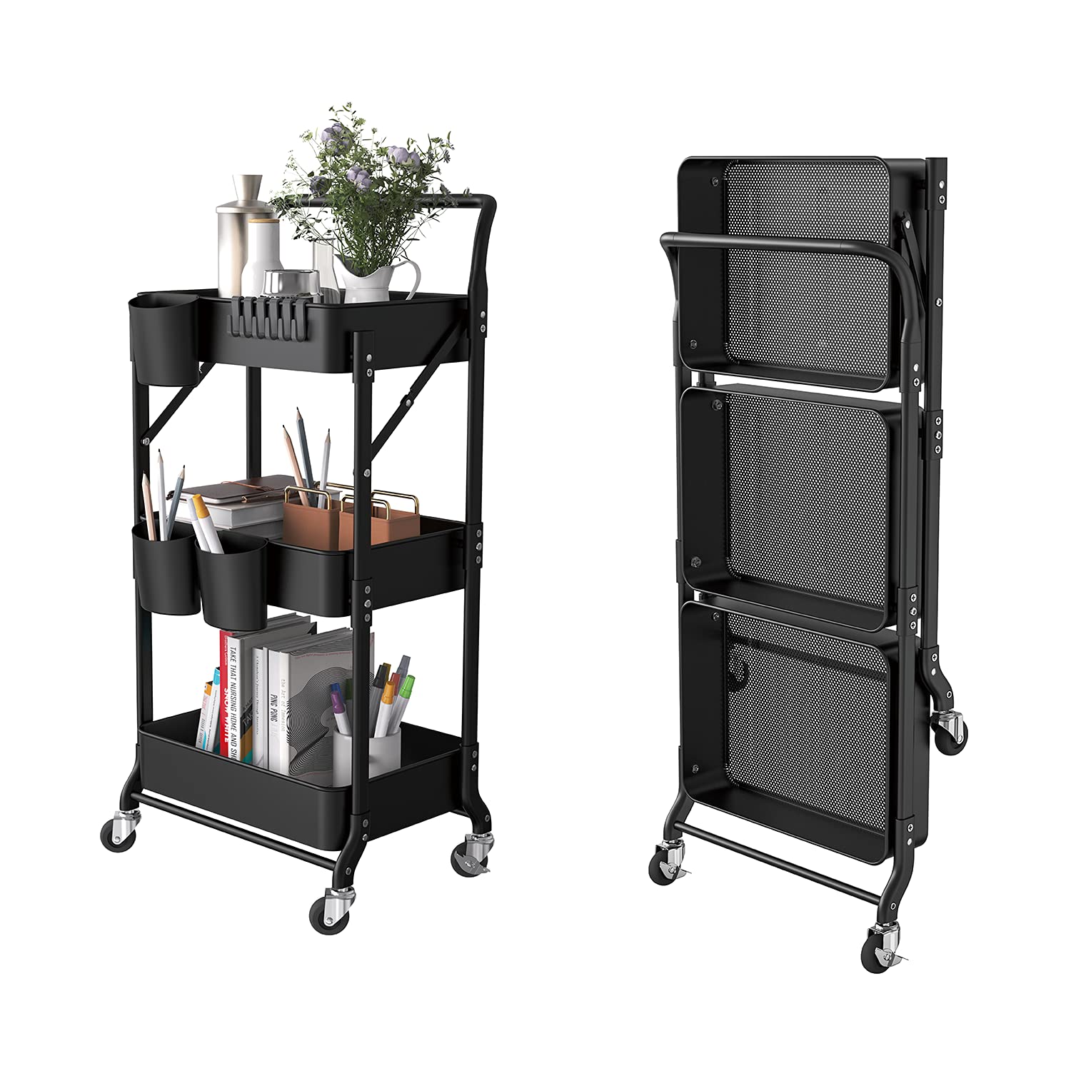 DTK 3 Tier Foldable Metal Rolling Cart, Metal Trays Utility Cart with Handle and Wheels, 3 Hanging Cups and 6 Hooks Storage Organizer Cart, Collapsible Kitchen Cart for Bathroom Office Kitchen(Black)