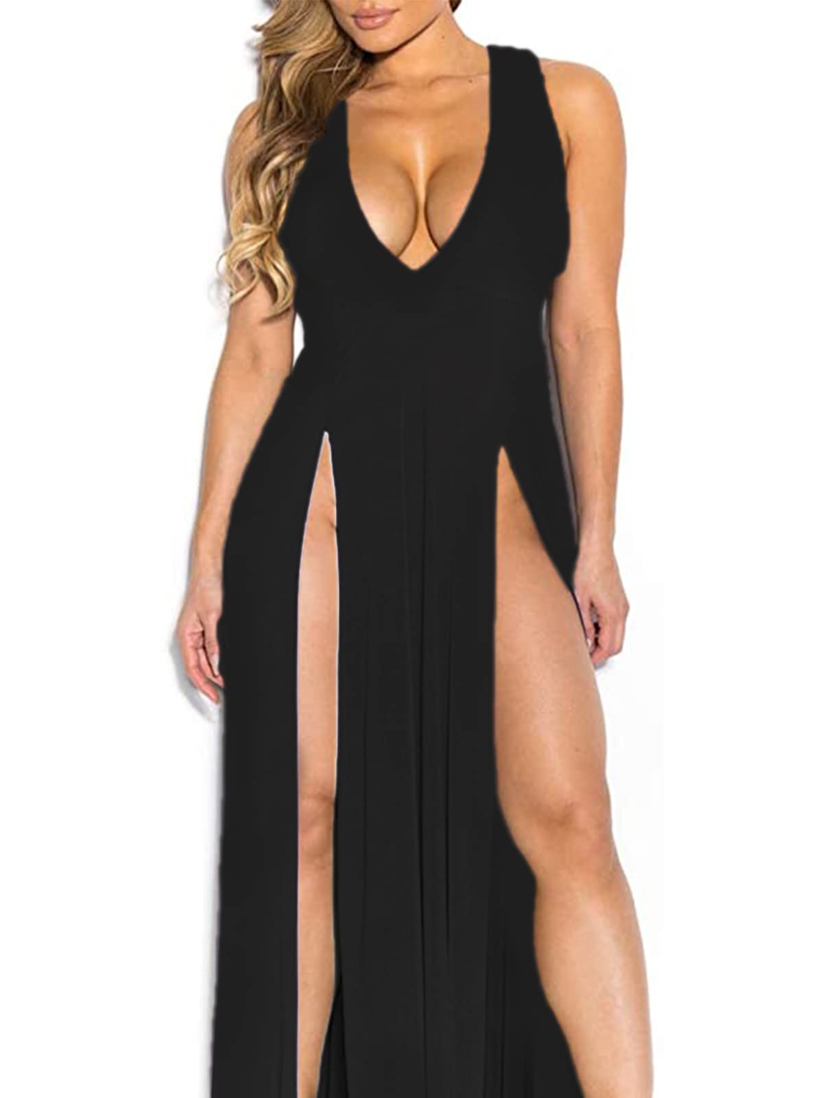 Womens Bandage Side Split V Neck Sleeveless Bodycon Clubwear Maxi Vest Dress Black