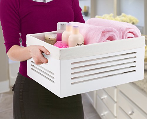 Wooden Storage Bin Container Crate - Decorative Storage Boxes Wood Crate for Closet Cabinet and Shelf Basket Organizer Lined with Machine Washable Soft Linen Fabric - White, Medium