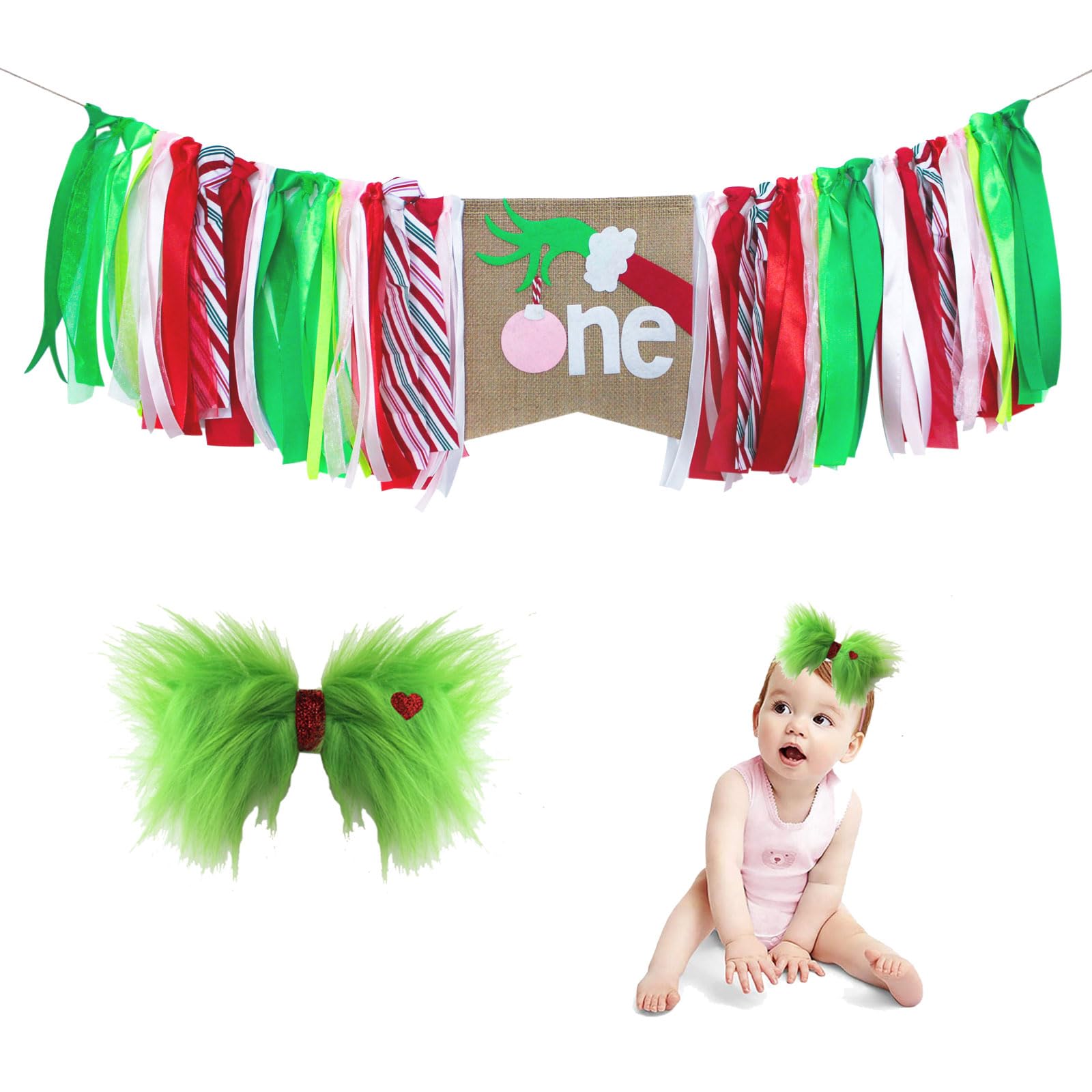Christmas High Chair Banner, Girl Christmas 1st Birthday Sign Banner, Candy Cane Red, Green,Pink Highchair Garland with Hair Bow for Girls Christmas First Birthday, Photo Booth Props And Cake Smash