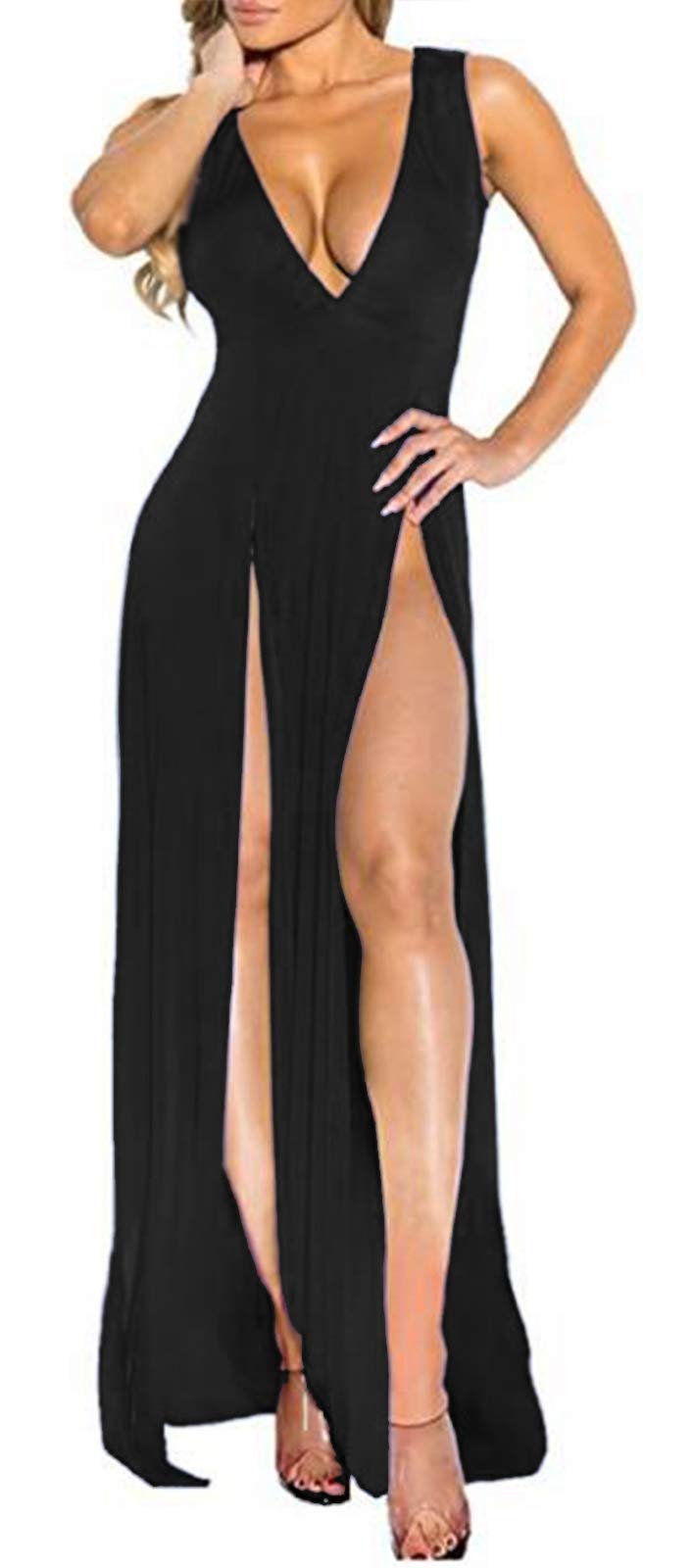 Womens Bandage Side Split V Neck Sleeveless Bodycon Clubwear Maxi Vest Dress Black