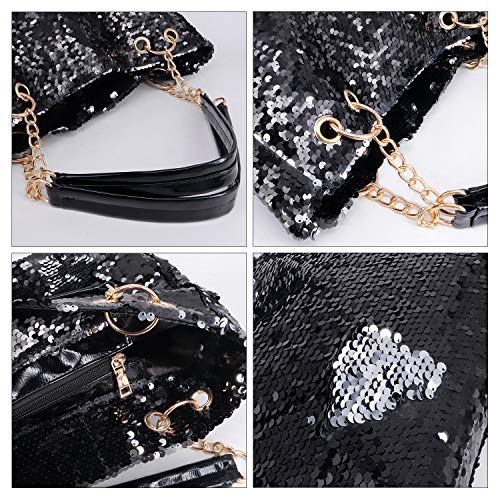 QTKJ Fashion Two Tone Reversible Sequin Tote Bag Zipper Shoulder Bag with Chain and Leather Straps (Black)