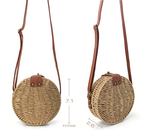 Round Straw Handwoven Shoulder Bag Women Cross body Bag for Summer Holiday (Brown)