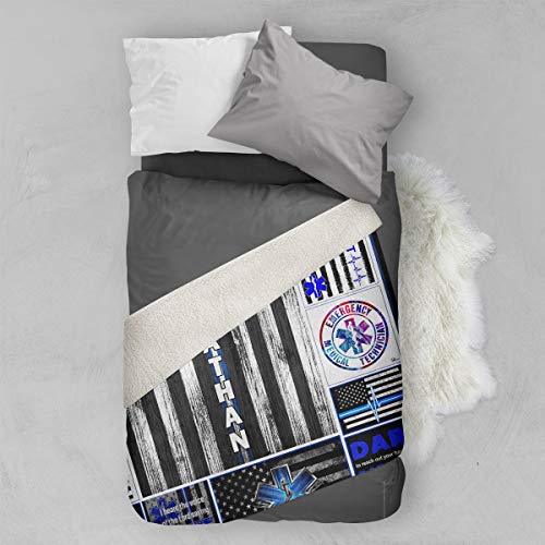 VTH GLOBAL Personalized Custom Name EMS EMT Paramedic Star of Life Thin White Line American Flag Appreciation Birthday Christmas Fleece Sherpa Blanket Bed Throw Size Tapestry Wall Hanging