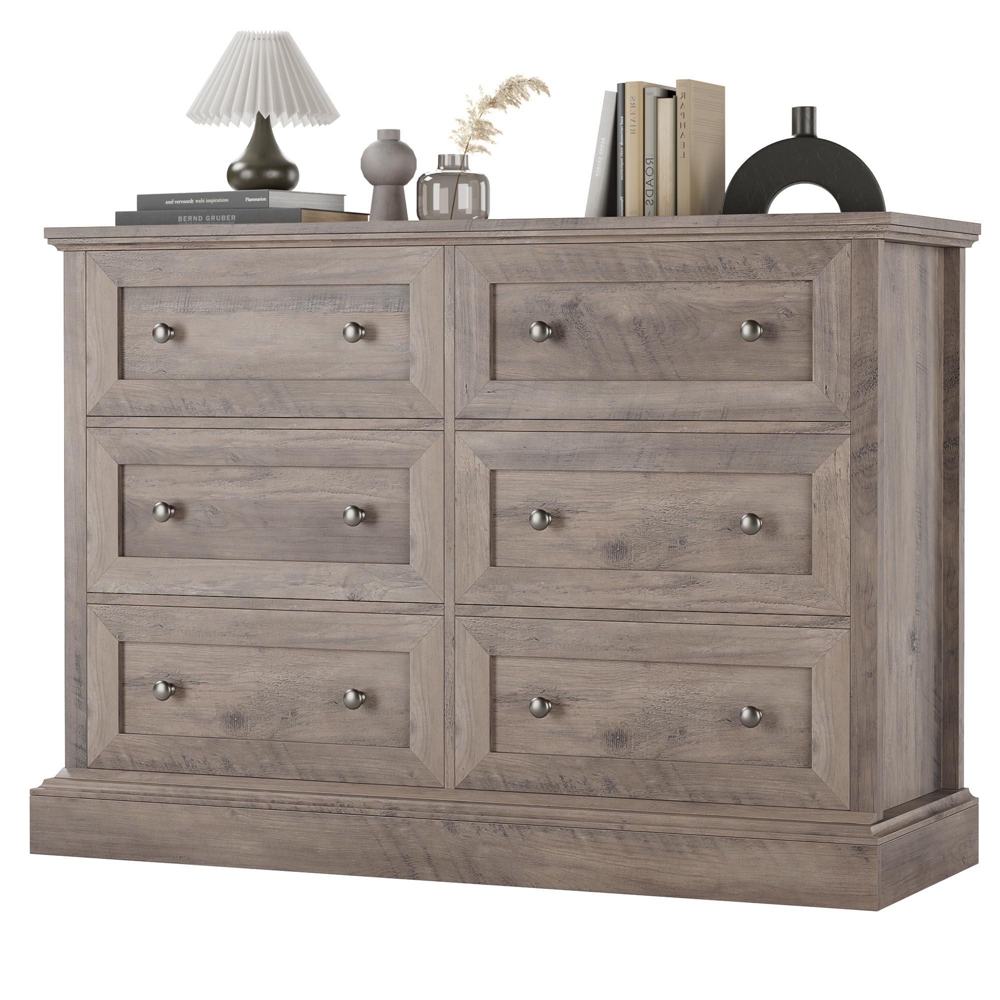 FACBOTALL Modern 6 Drawer Double Dresser, Wood Dresser Chest, Wide Chest of Drawers with Deep Drawers & Mental Double Handles for Hallway Living Room, Wash Gray