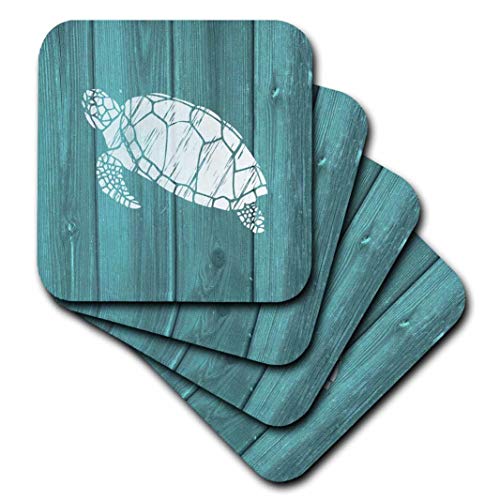 3dRose Turtle Stencil in White Over Teal Weatherboard- Not Real Wood - Soft Coasters, Set of 4 (CST_220428_1)