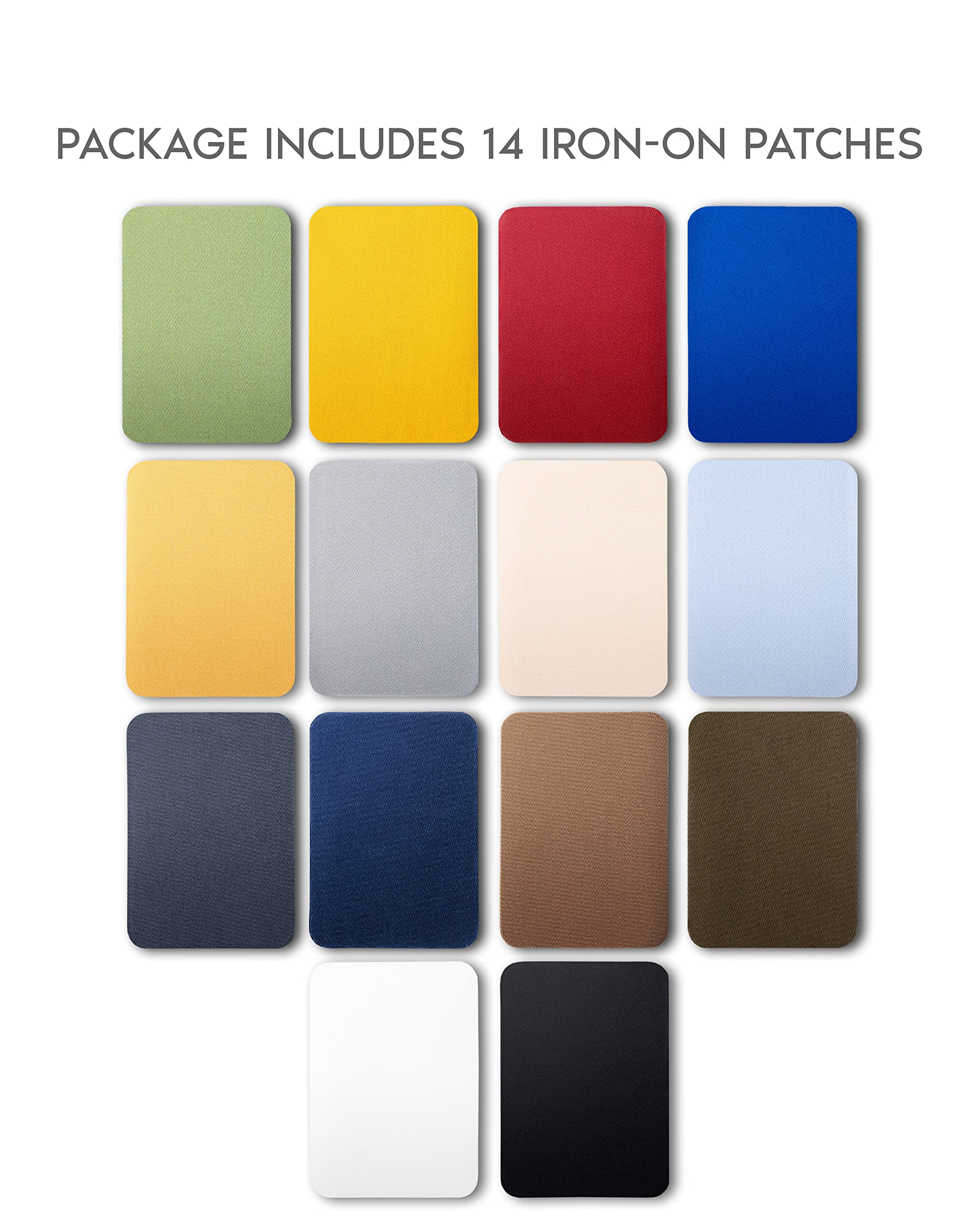 ZEFFFKA Premium Quality Fabric Iron-on Patches Inside & Outside Durable 100% Cotton Blue Gray Beige Brown Yellow Red Green Repair Decorating Kit 14 Pieces Size 3" by 4-1/4" (7.5 cm x 10.5 cm)