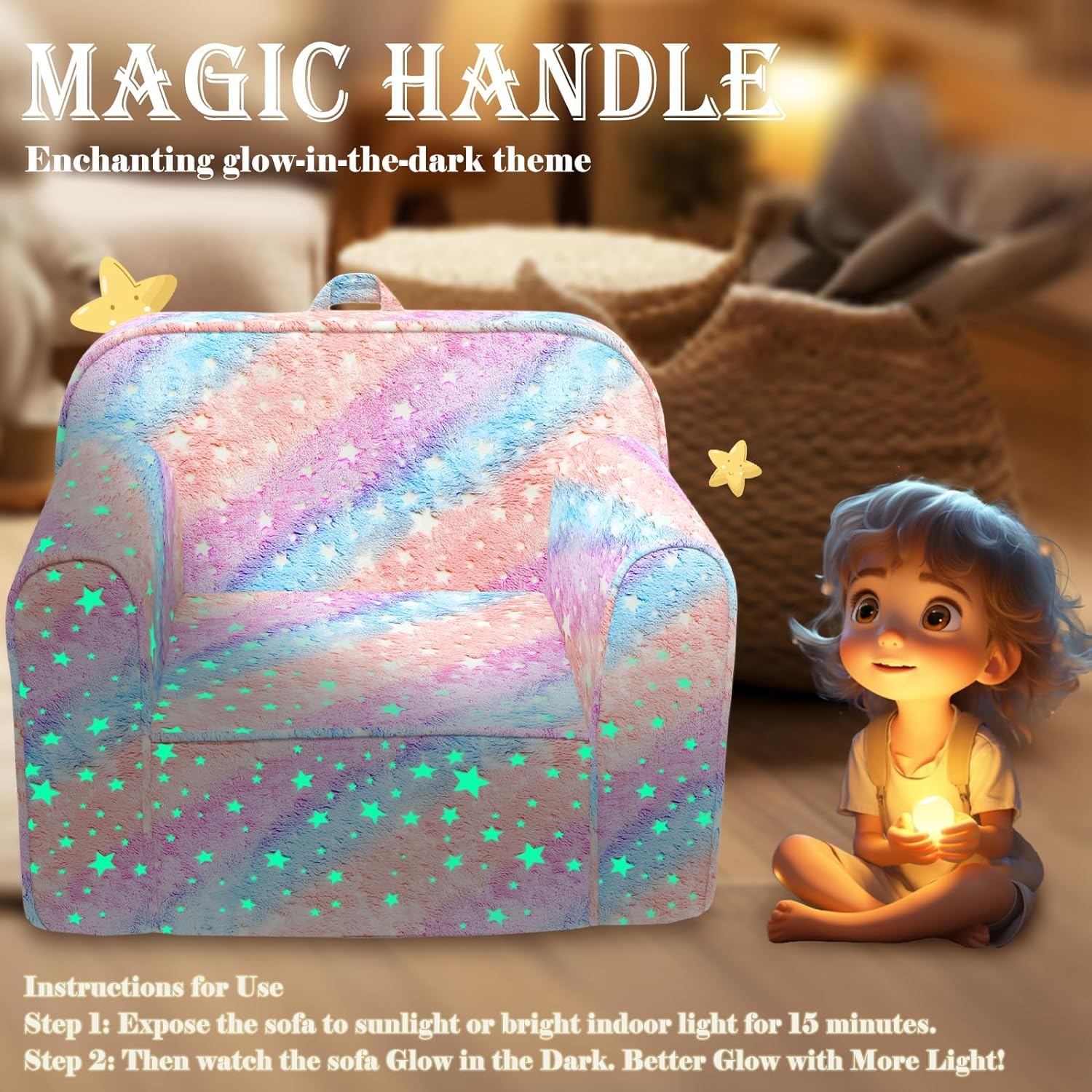 magic handle Kids Chair, Toddler Armchair with Foam, Glow in The Dark Kids Foam Sofa with Plush Removable Washable Cover Carrying Handle (Rainbow Pink)