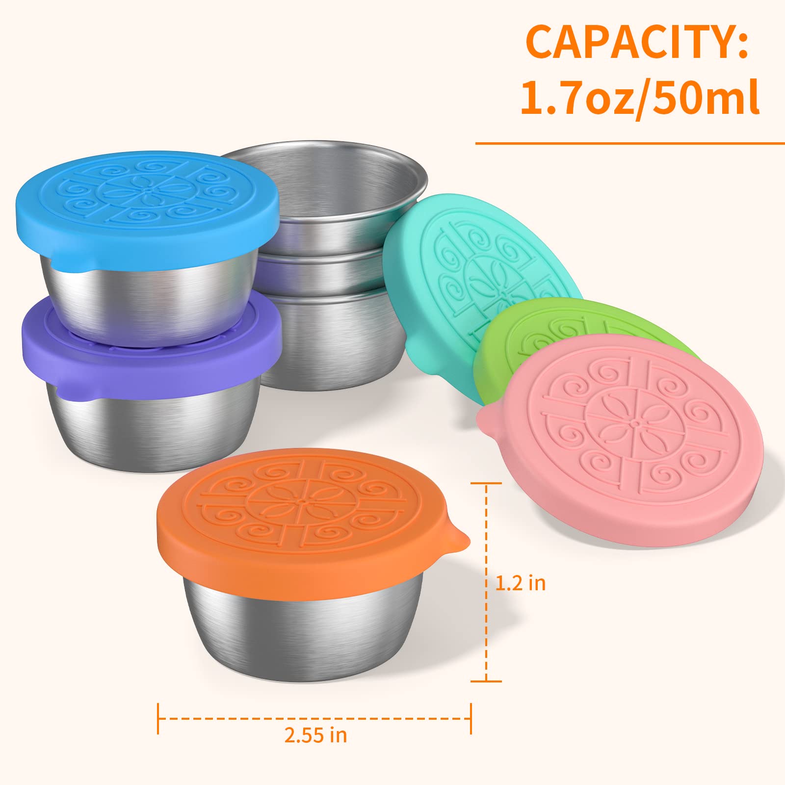 1.7 Oz/50ml Salad Dressing Container To Go, 6 Pack Small Containers with Lids, Reusable Sauce Containers for Lunch Box with Silicone Lids, Stainless Steel Small Food Containers, Leakproof, Sauce Cups