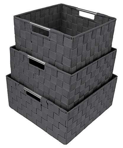 Sorbus Storage Box Woven Basket Bin Container Tote Cube Organizer Set Stackable Storage Basket Woven Strap Shelf Organizer Built-in Carry Handles (Gray)