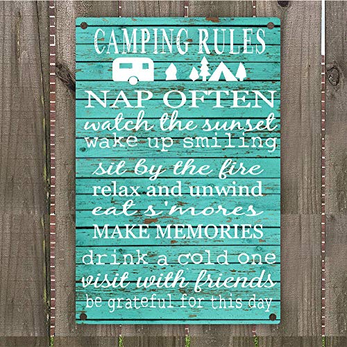 Camping Rules Vintage Retro Metal Sign wall art 8” x 12”, decoration hunting camper room