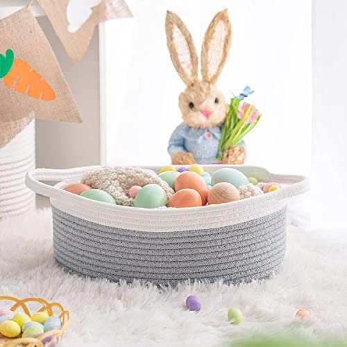 Goodpick Small Woven Basket Cute Gray Rope Basket Cotton Basket Baby Room Storage Basket Dog Toy Basket with Handles Empty Gift Basket for Shelf 12"x 8" x 5" Easter Basket Oval Candy Color Design
