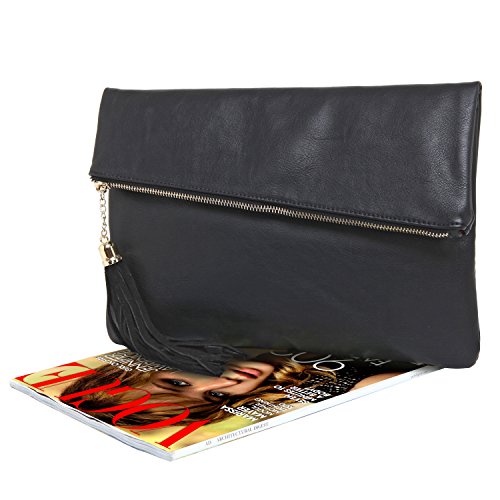 MG Collection Black Clutch Purses for Women Evening or Casual Handbag with Foldover Design, Zipper and Decorative Tassel
