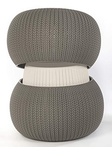 Keter Urban Knit Pouf Ottoman Set of 2 with Storage Table for Patio and Room Décor-Perfect for Balcony, Deck, and Outdoor Seating, Yellow & Gray