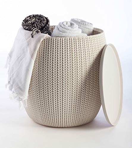 Keter Urban Knit Pouf Ottoman Set of 2 with Storage Table for Patio and Room Décor-Perfect for Balcony, Deck, and Outdoor Seating, Yellow & Gray