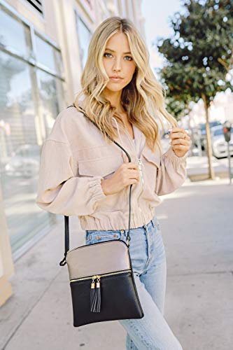 FashionPuzzle Tassel Zip Pocket Crossbody Bag (Beige/Black)
