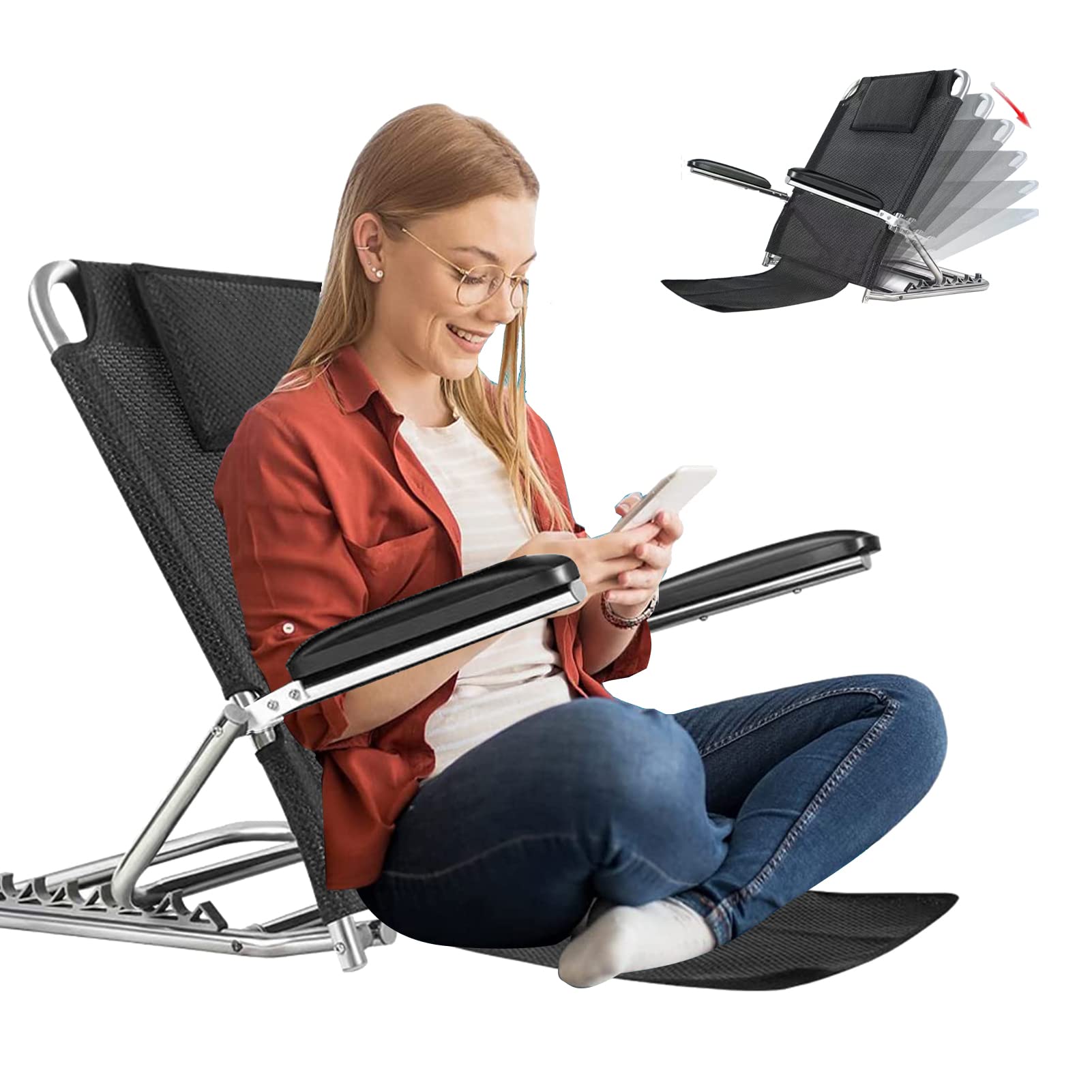 YZRYXHWL Foldable Bed Backrest with Armrests Floor Chair for Adult Reading Patient Care Bed Chair with Pillow Sit Up Backrest in Bed Breathable Fabric 6 Speed Adjustment