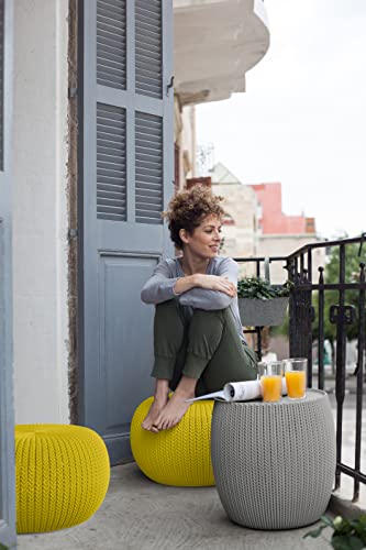 Keter Urban Knit Pouf Ottoman Set of 2 with Storage Table for Patio and Room Décor-Perfect for Balcony, Deck, and Outdoor Seating, Yellow & Gray