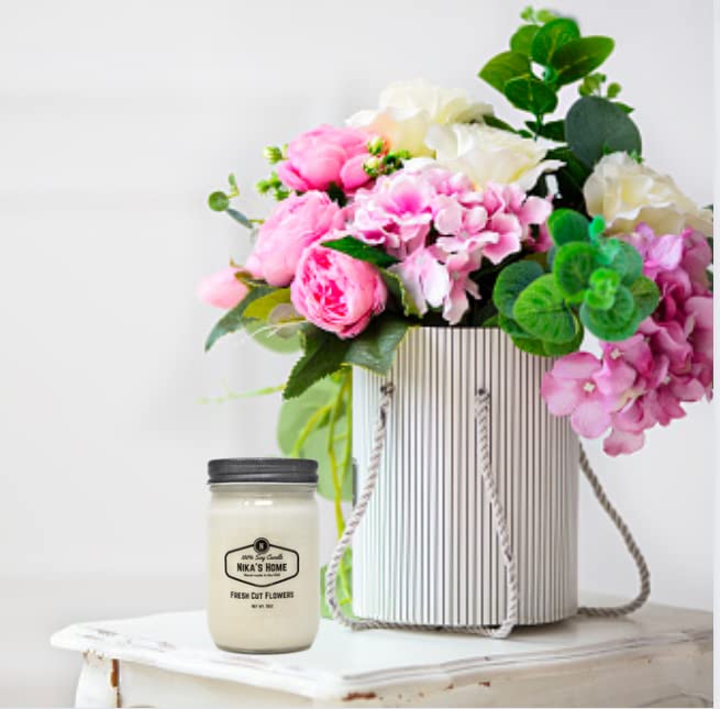 Nika's Home Fresh Cut Flowers Soy Candle 12oz Mason Jar Non-Toxic White Soy Handmade, Long Burning 50-60 Hours Highly Scented All Natural, Clean Burning Candle Gift Décor