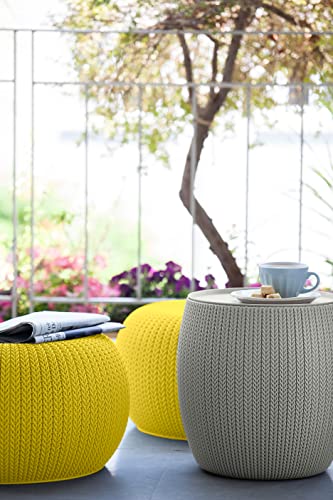Keter Urban Knit Pouf Ottoman Set of 2 with Storage Table for Patio and Room Décor-Perfect for Balcony, Deck, and Outdoor Seating, Yellow & Gray