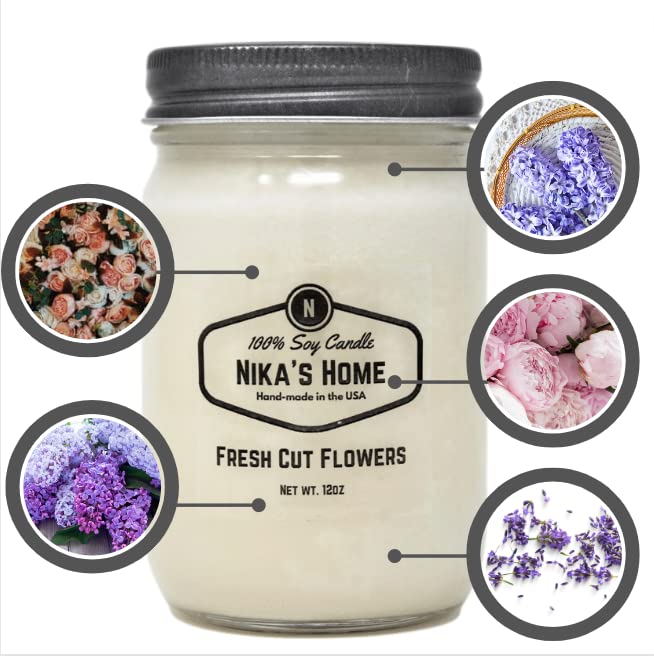 Nika's Home Fresh Cut Flowers Soy Candle 12oz Mason Jar Non-Toxic White Soy Handmade, Long Burning 50-60 Hours Highly Scented All Natural, Clean Burning Candle Gift Décor