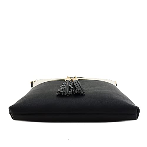 FashionPuzzle Tassel Zip Pocket Crossbody Bag (Beige/Black)