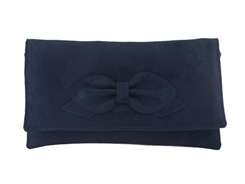 LONI Womens Gorgeous Faux Suede Bow Clutch/Shoulder Bag Wedding Prom Bag Medium Size Dark Navy