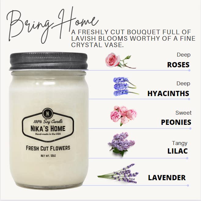 Nika's Home Fresh Cut Flowers Soy Candle 12oz Mason Jar Non-Toxic White Soy Handmade, Long Burning 50-60 Hours Highly Scented All Natural, Clean Burning Candle Gift Décor