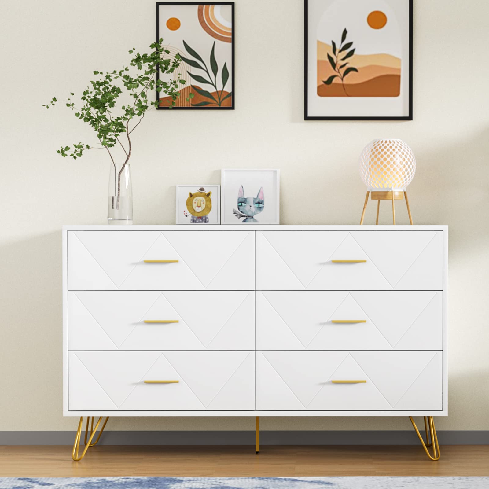 CARPETNAL White Dresser, Modern Dresser for Bedroom, 6 Drawer Double with Wide Drawers and Metal Handles, Wood Dressers & Chest of Hallway, Entryway.
