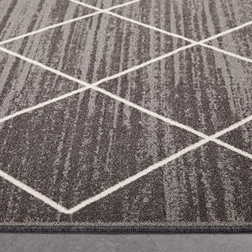 Well Woven Non-Slip Rubber Back (5' x 7') Diamond Lattice Print Grey Thin Pile Machine Washable Indoor Outdoor Area Rug