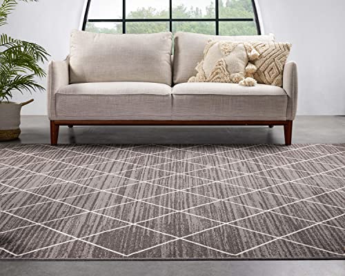 Well Woven Non-Slip Rubber Back (5' x 7') Diamond Lattice Print Grey Thin Pile Machine Washable Indoor Outdoor Area Rug