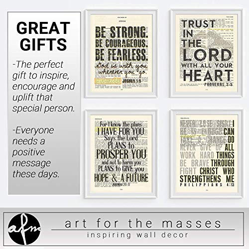Joshua 1:9, Proverbs 3:5, Jeremiah 29:11, Philippians 4:13 Christian Art Prints, Set of 4, Unframed, Bible Verse Scripture Wall Decor Poster, 8x10 Inches