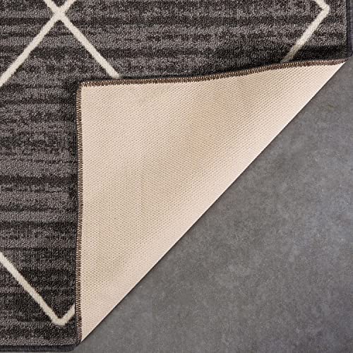 Well Woven Non-Slip Rubber Back (5' x 7') Diamond Lattice Print Grey Thin Pile Machine Washable Indoor Outdoor Area Rug