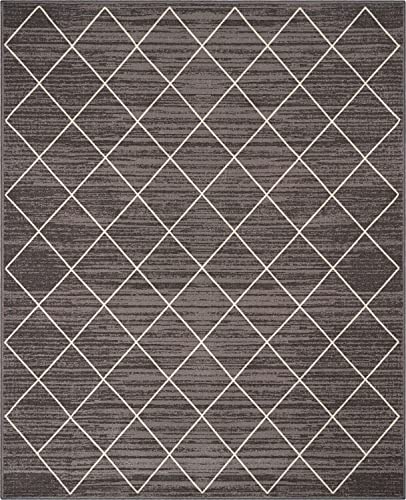Well Woven Non-Slip Rubber Back (5' x 7') Diamond Lattice Print Grey Thin Pile Machine Washable Indoor Outdoor Area Rug