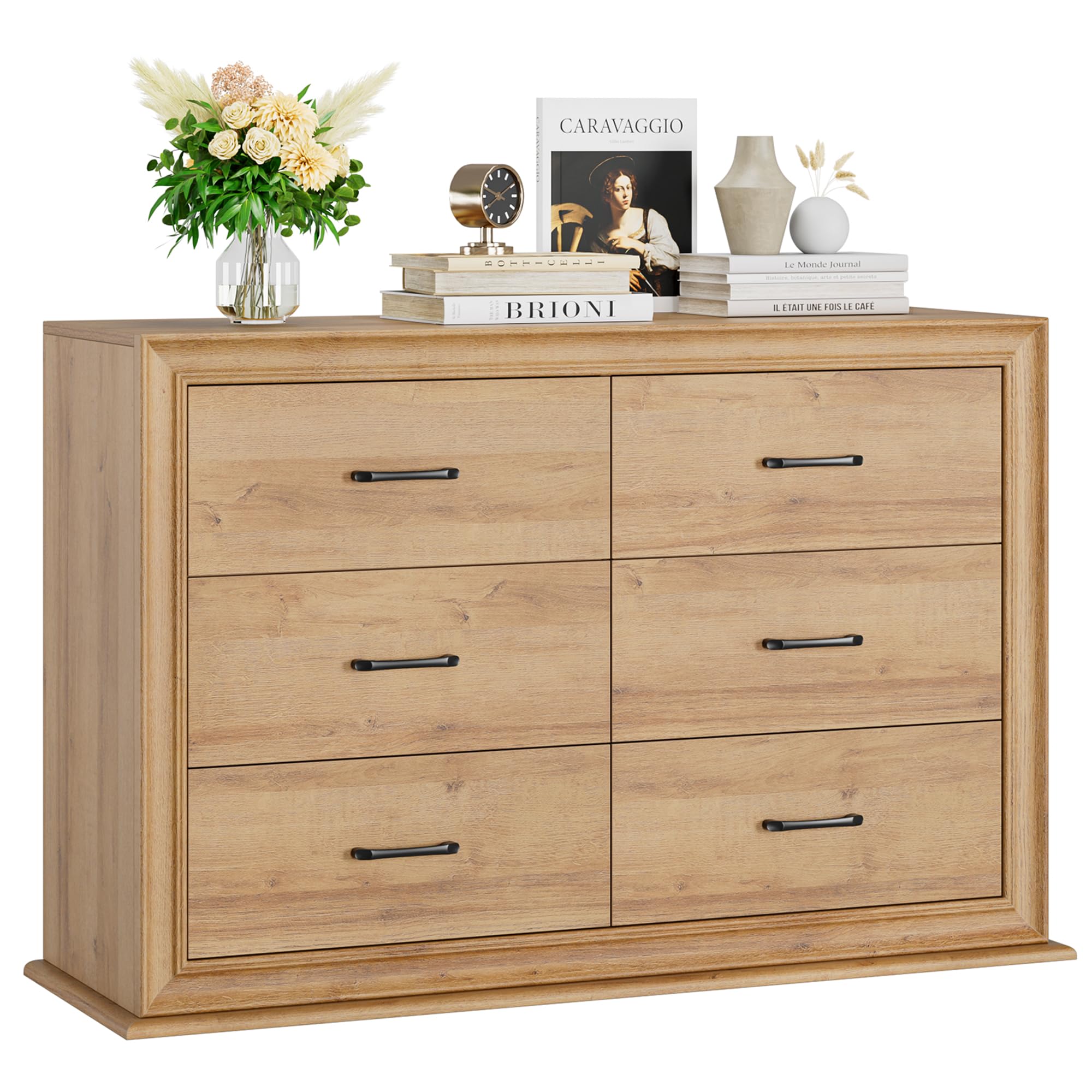 HIFIT 6 Drawer Double Dresser, 47.2" Wide Chest of 6 Drawers, Wooden Farmhouse Dressers for TV Stand, Storage Organizer Cabinet for Living Room, Hallway, Entryway, Oak, 47.2" Wx17.3 Dx32 H