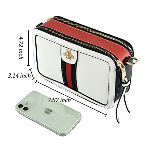 Beatfull Designer Bee Crossbody Purse for Women PU Leather Shoulder Handbag with Black-Red StripsCamera Clucth (white)