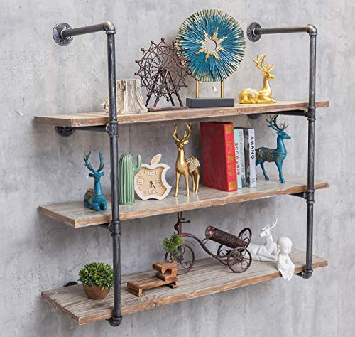 Industrial Wall Mounted Iron Floating Pipe Shelves/Racks/Storage/Bookcases, DIY Open Bookshelves/Shelving for Kitchen/Office, Retro Black,(4-Tier Shelf Brackets,Not Include Planks)