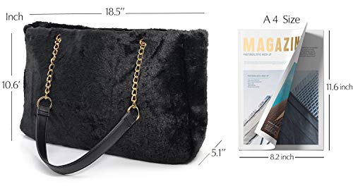 Fur Carryall Tote Bag with Wristlet Clutch Women Chain Shoulder Handbag (Black) Large