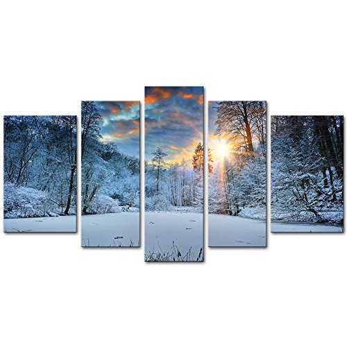 Modern Canvas Painting Wall Art Snowfield Winter Snow Forest Tree Sunrise sunset Landscape Mountain & Tree Print on Canvas Artwork Wall Decor (B)