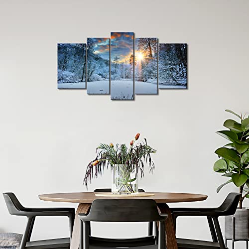 Modern Canvas Painting Wall Art Snowfield Winter Snow Forest Tree Sunrise sunset Landscape Mountain & Tree Print on Canvas Artwork Wall Decor (B)