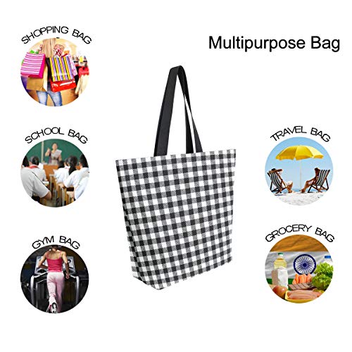 ALAZA Black Plaid Large Canvas Tote Bag for Women Girls