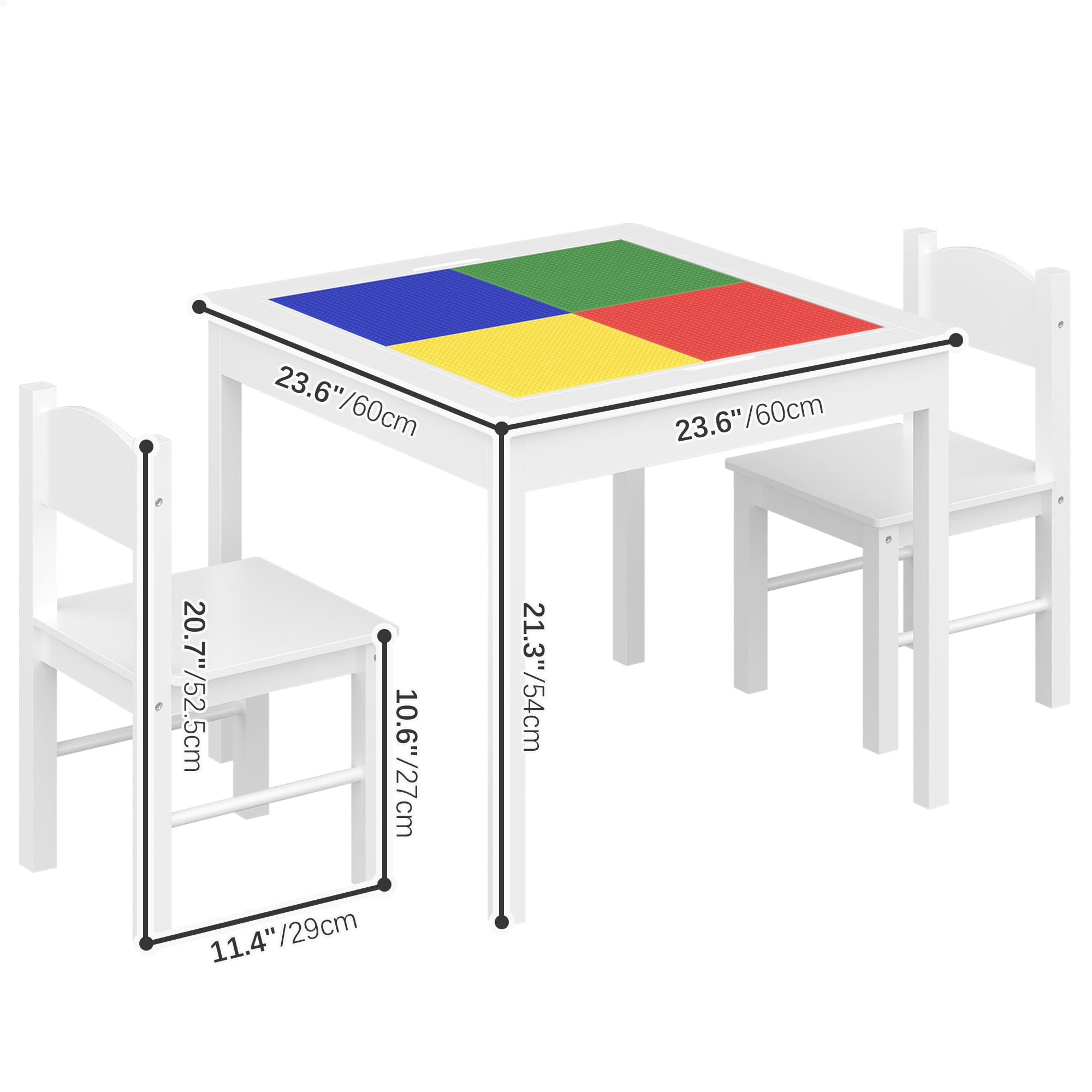 4NM 3 in 1 Kids Table Set for 2, Children Table and Chairs, Toddler Play Activity Table with Hidden Storage Wood Building Block Table Desk for Ages 3-7- Color White