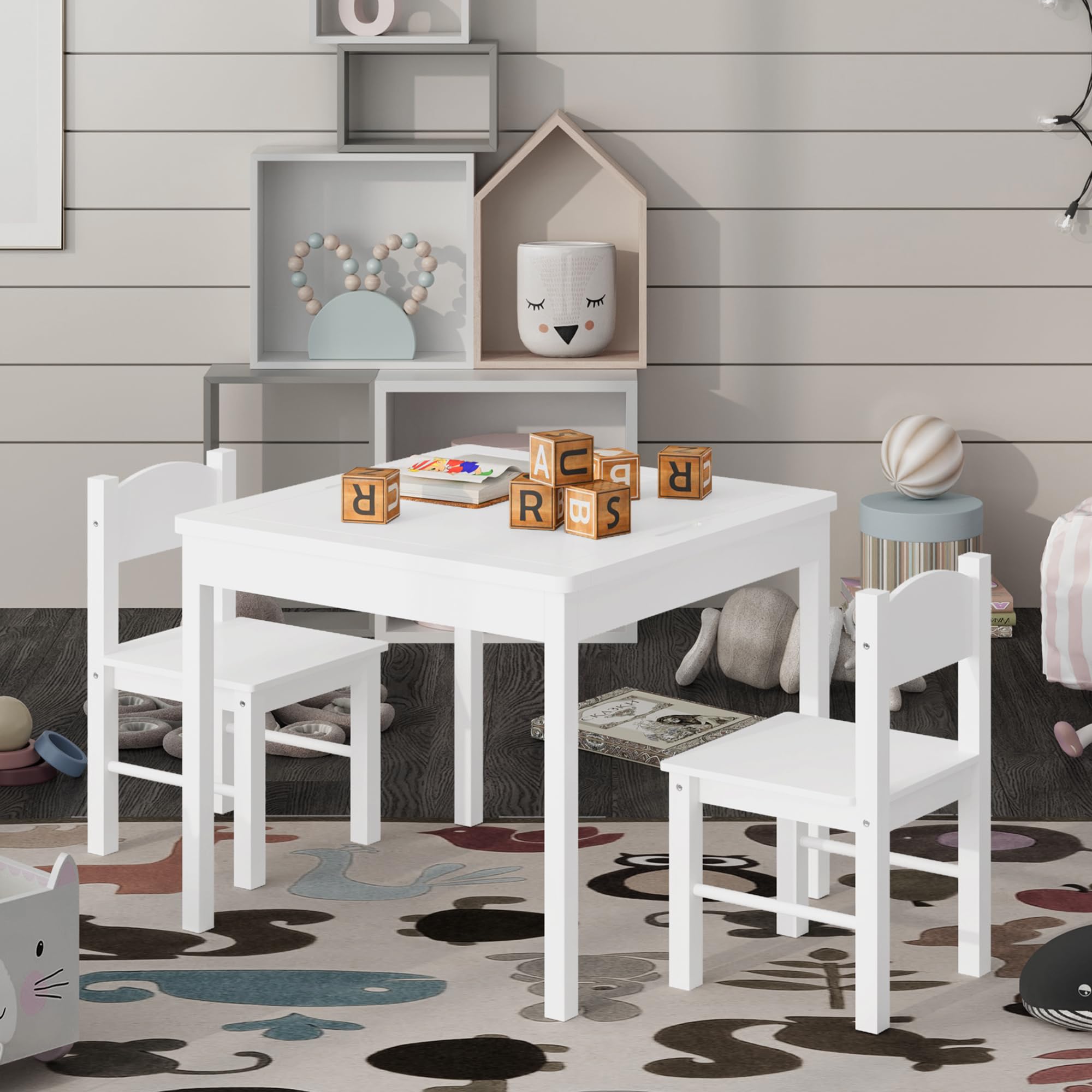 4NM 3 in 1 Kids Table Set for 2, Children Table and Chairs, Toddler Play Activity Table with Hidden Storage Wood Building Block Table Desk for Ages 3-7- Color White