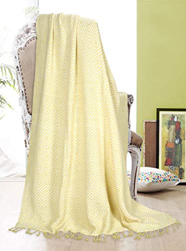 Throw Blanket With Fringes In Diamond Design 50x60 Inch -Lime Yellow Cotton Throw For Sofa, Chair, Bed, & Everyday Use, Well crafted for durability, Farmhouse Throw,All Season Throw Blanket
