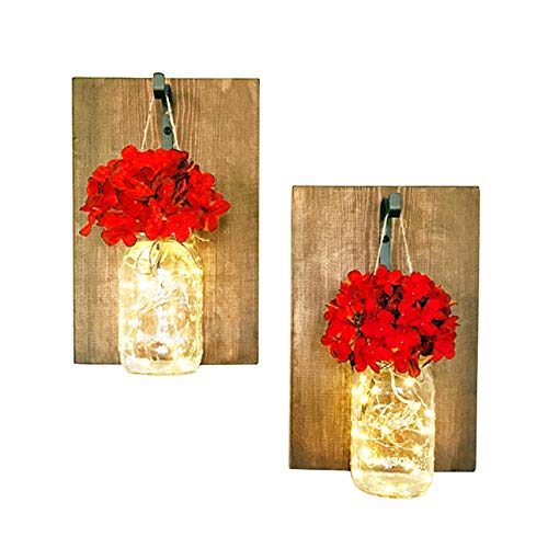 Mason Jar Sconces Wall Decor with Warm White LED Fairy Lights, with Red Silk Hydrangea Flower, Romantic Vintage style Mason Jar Light for Home Bedroom Bathroom Decoration, Battery Powered
