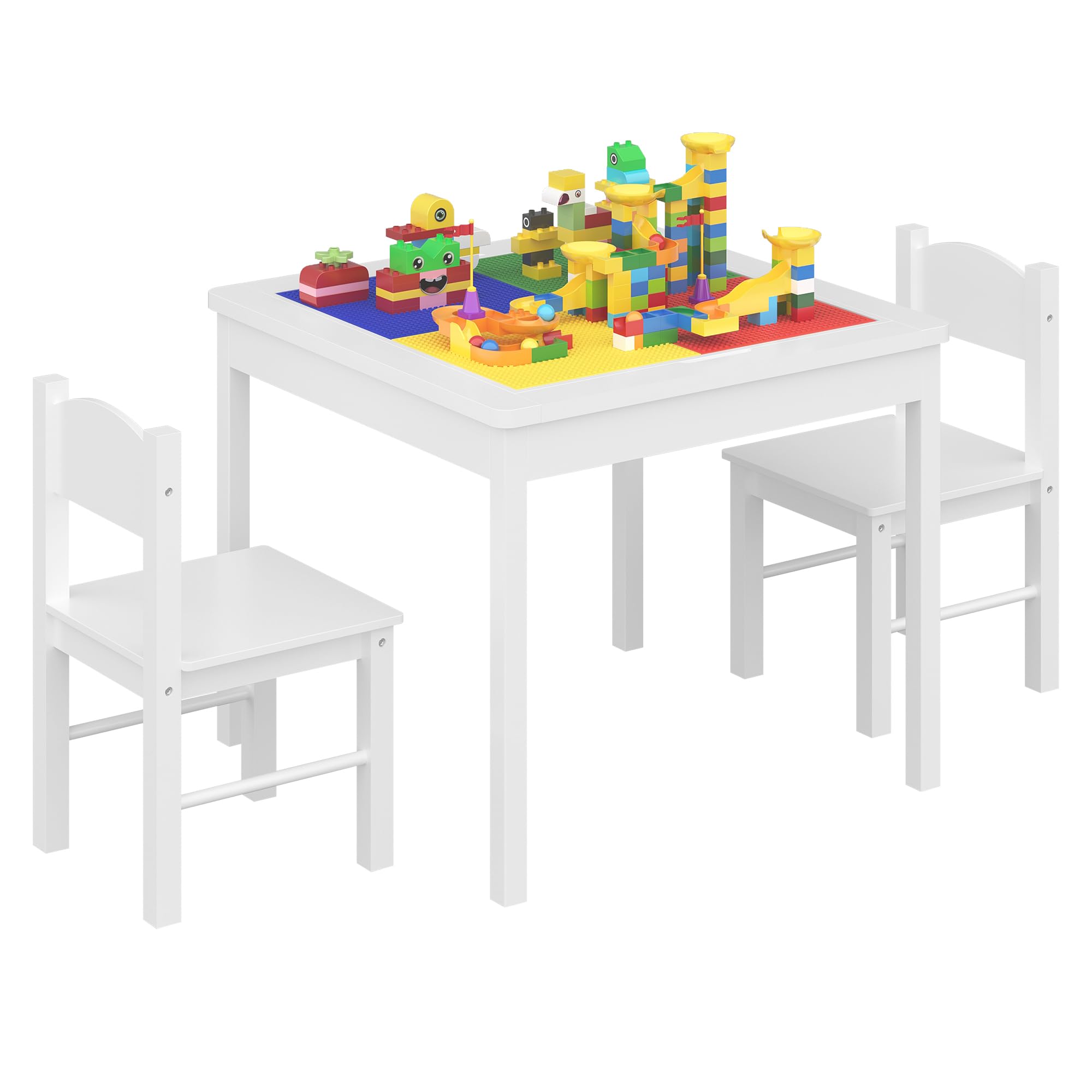 4NM 3 in 1 Kids Table Set for 2, Children Table and Chairs, Toddler Play Activity Table with Hidden Storage Wood Building Block Table Desk for Ages 3-7- Color White
